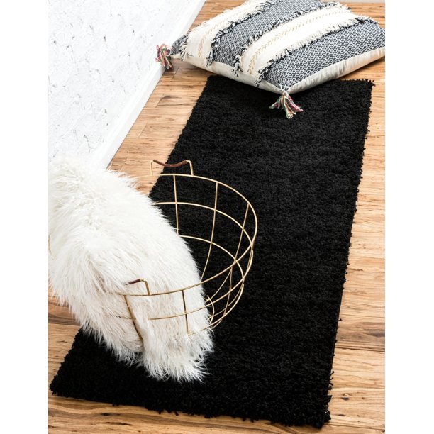 Rugs.com Solid Shag Collection Rug – 10 Ft Runner Jet Black Shag Rug ...