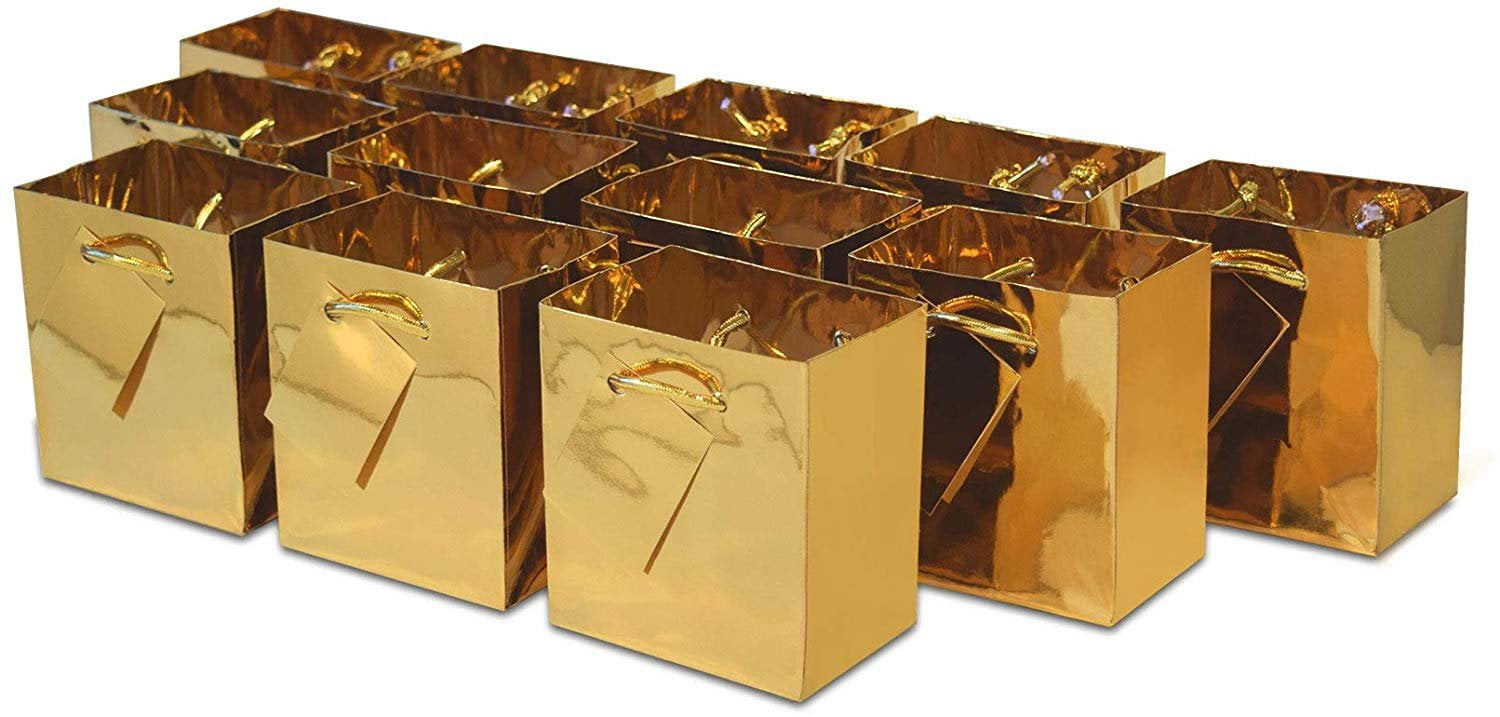 OccasionALL- Extra Small Gold Foil Gift Bags with Handles, Solid Gold ...