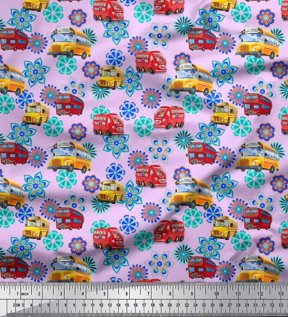 Soimoi Satin Silk Fabric Artistic Floral & School Bus Kids Print Fabric ...