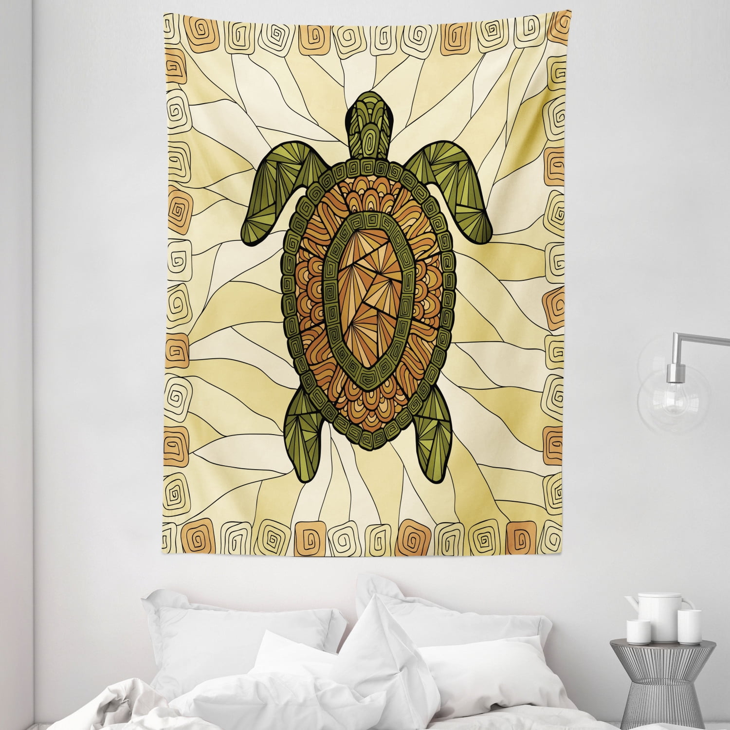 Turtle Tapestry, Stylized Turtle Zentangle on Yellow Background Spiral ...