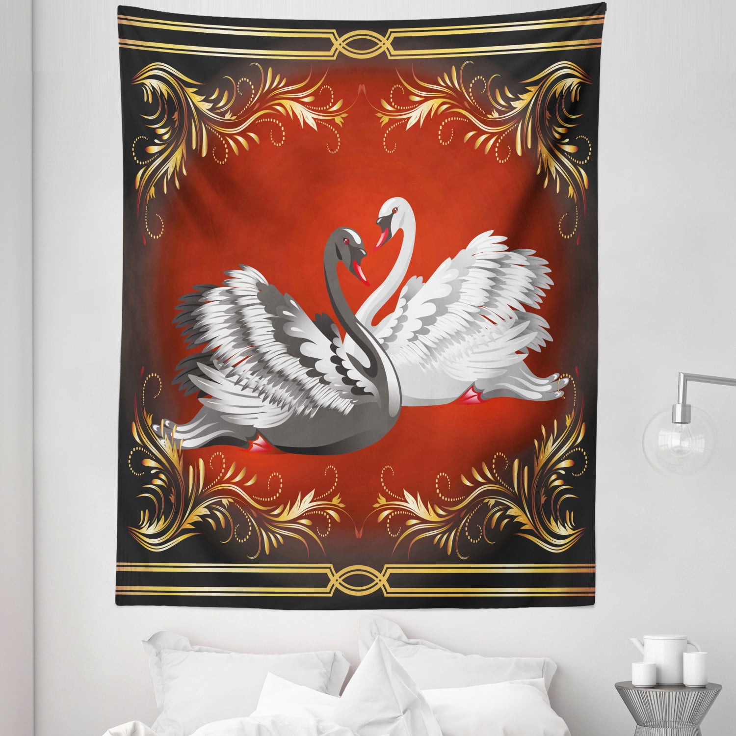 Animal Tapestry, Black and White Swan Couple Ornamental Framework ...