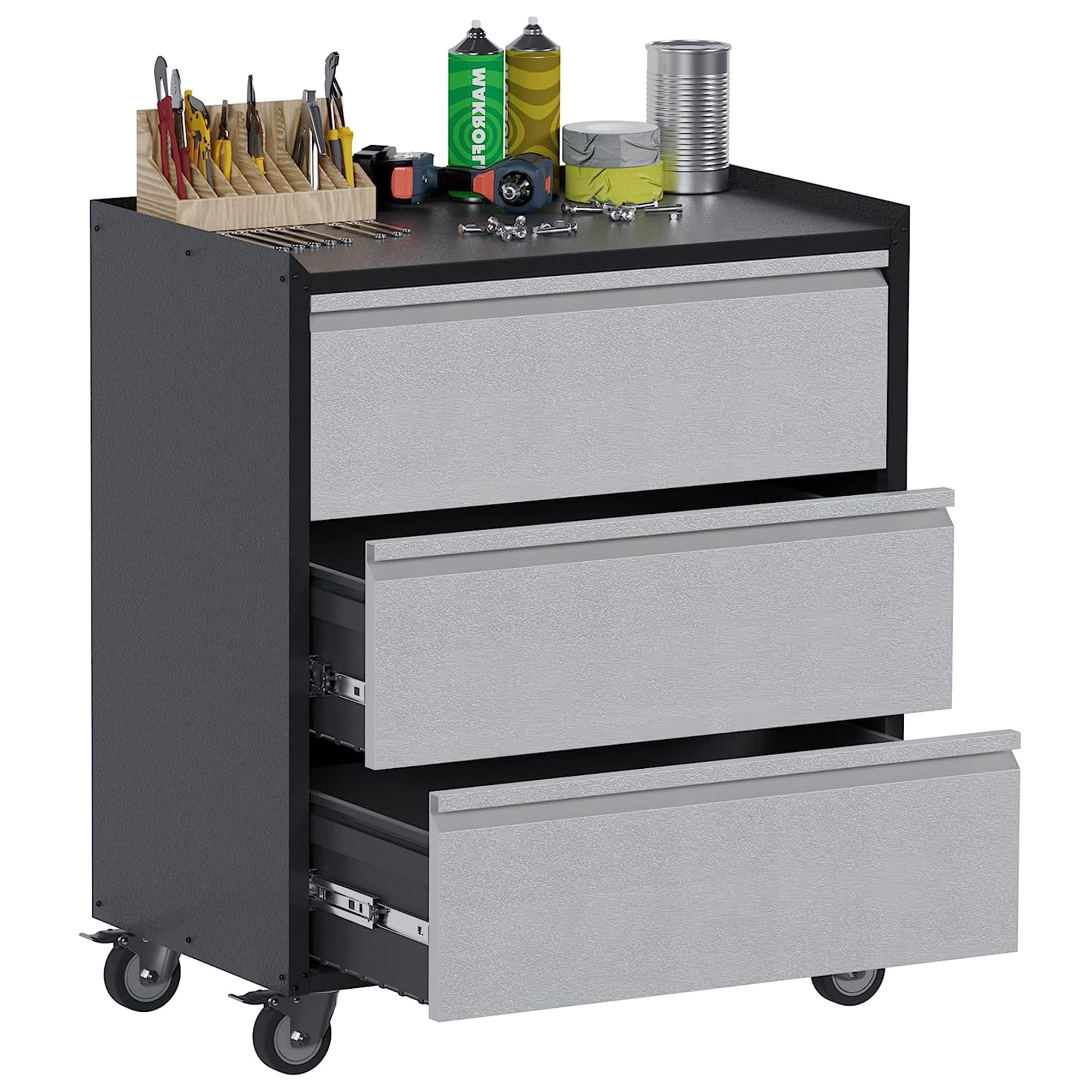 AOBABO Steel Rolling Tool Storage Chest 3 Drawer Cabinet, Black/Grey ...