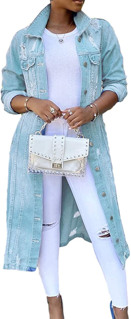 Womens Denim Jacket Long Jean Coat Long Sleeve Button Down Trenchcoat ...