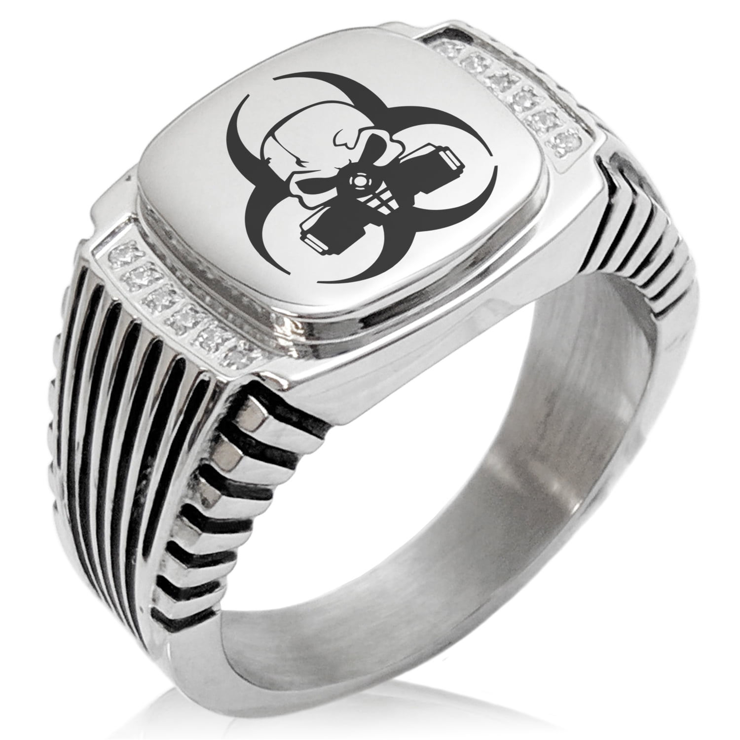 Stainless Steel Biohazard Skull CZ Ribbed Needle Stripe Pattern Biker ...