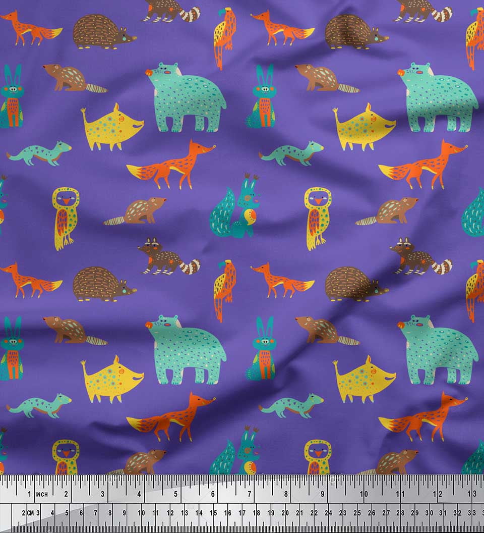 Soimoi Purple Georgette Viscose Fabric Bird & Animals Cartoon Print ...