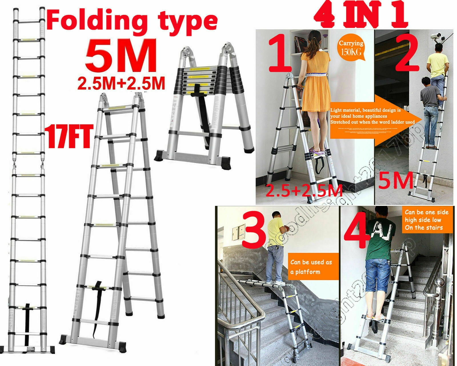 Buy Bowoshen Telescopic Loft Ladder 16.5Ft Extendable Collapsible Step ...
