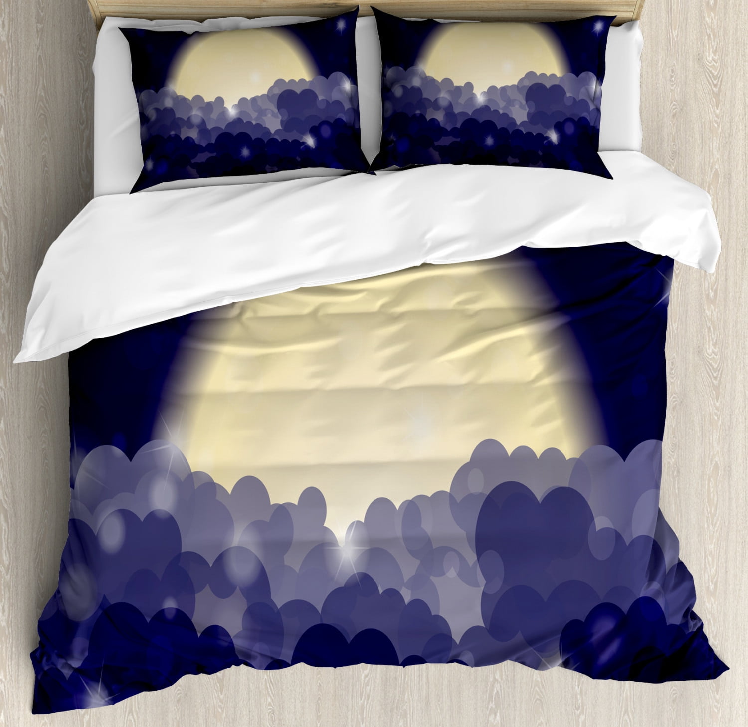 Moon Rays Duvet Cover Set King Size, Cloudy Sky View at Night with Cute ...