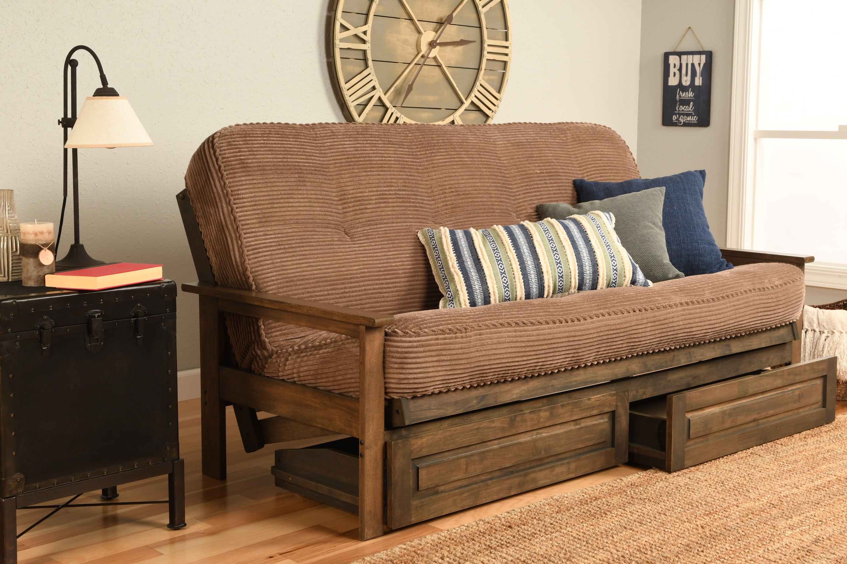 Albany Futon with storage in Rustic Walnut Finish, Multiple Colors ...