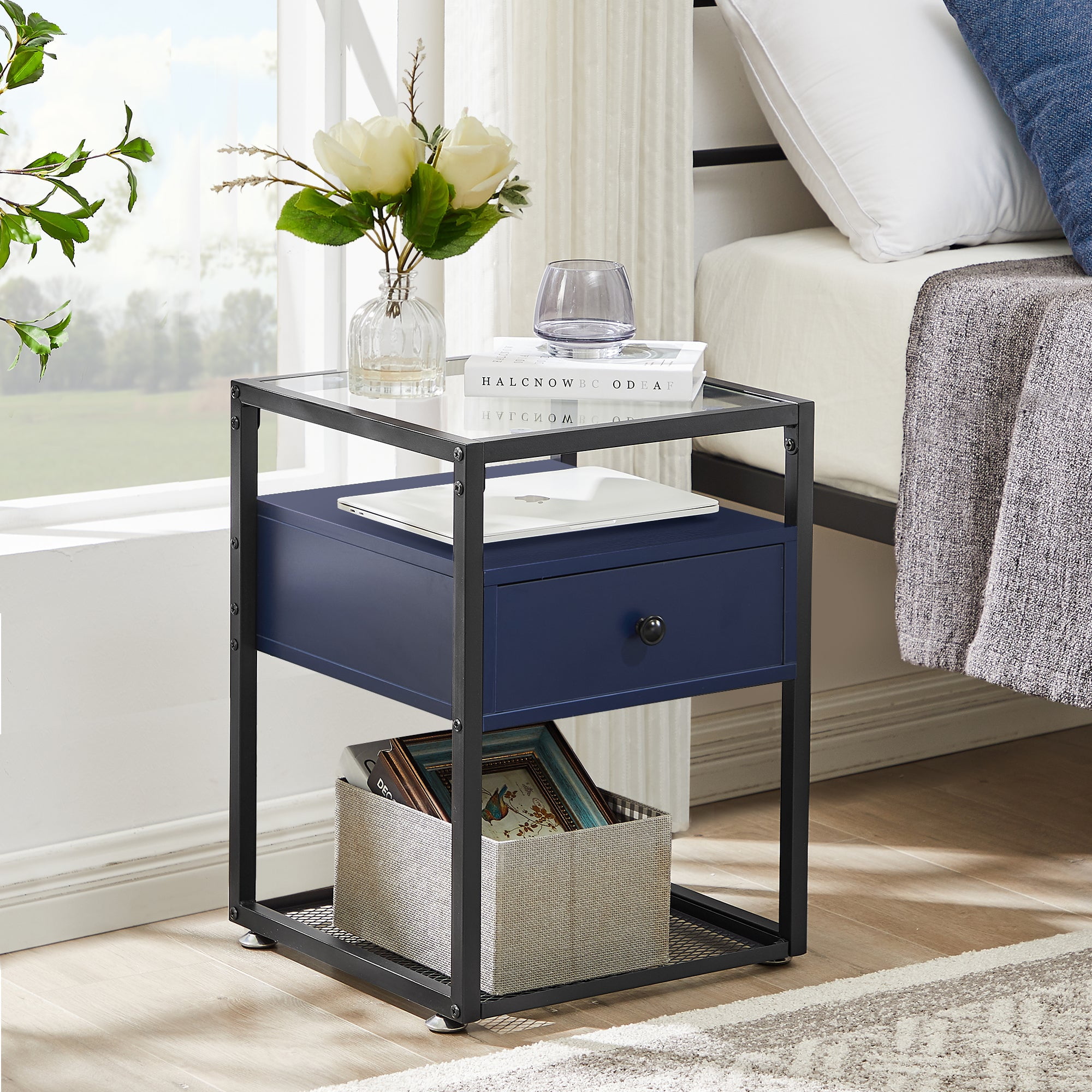 VECELO Tempered Glass Nightstand with Drawer, Glass Top End Table for ...