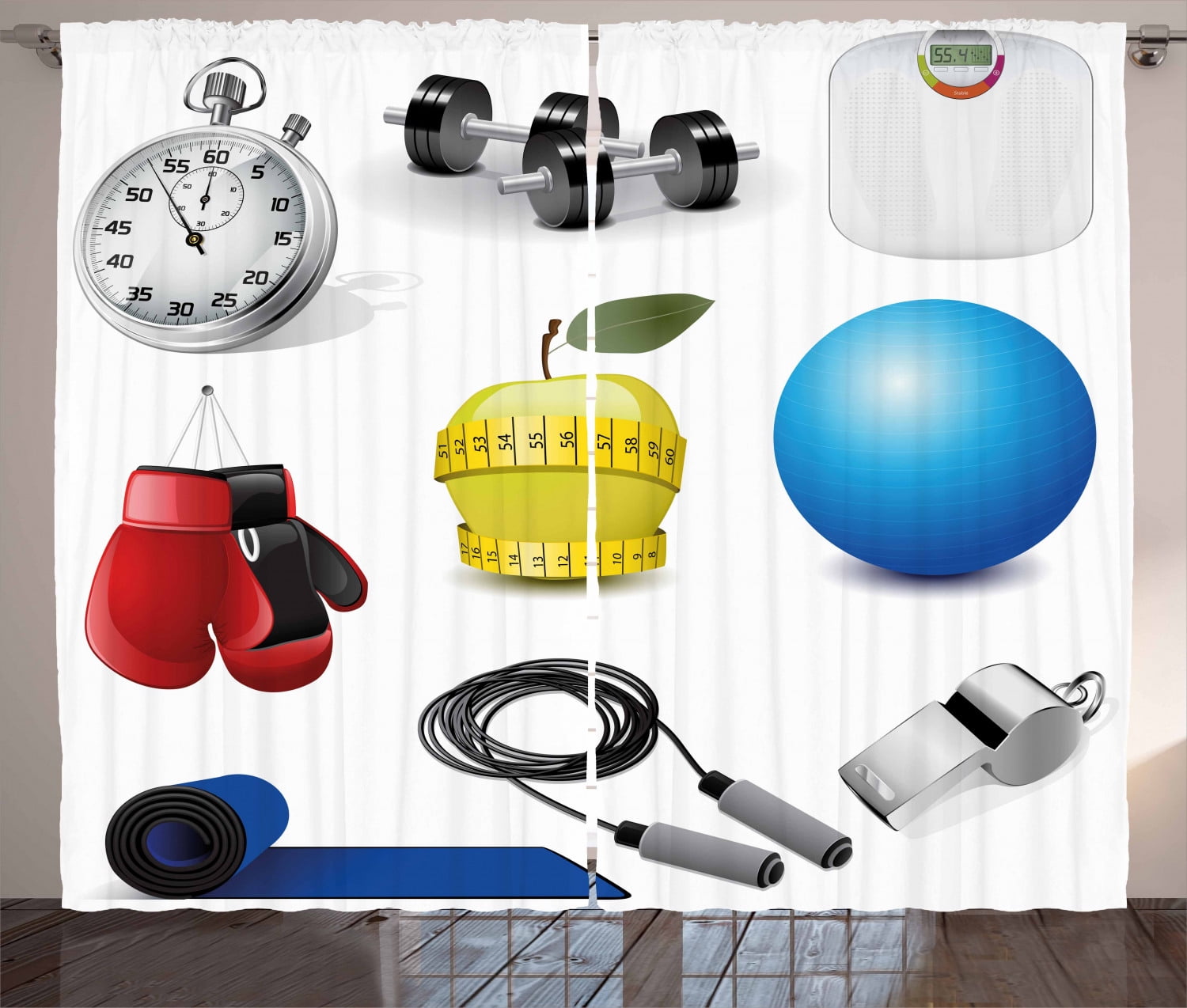 Fitness Curtains 2 Panels Set, Realistic Vivid Workout Items Burning ...