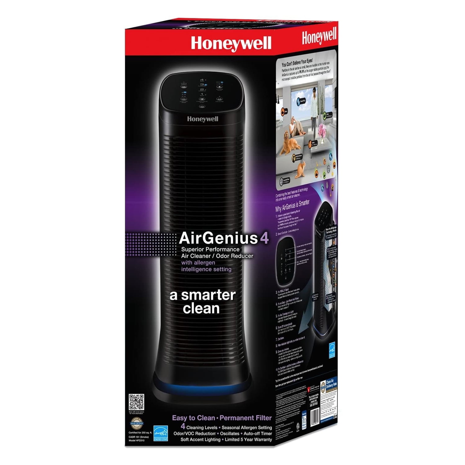 Honeywell Air Genius 4 Air Purifier with Washable Filter, 250 sq ft ...
