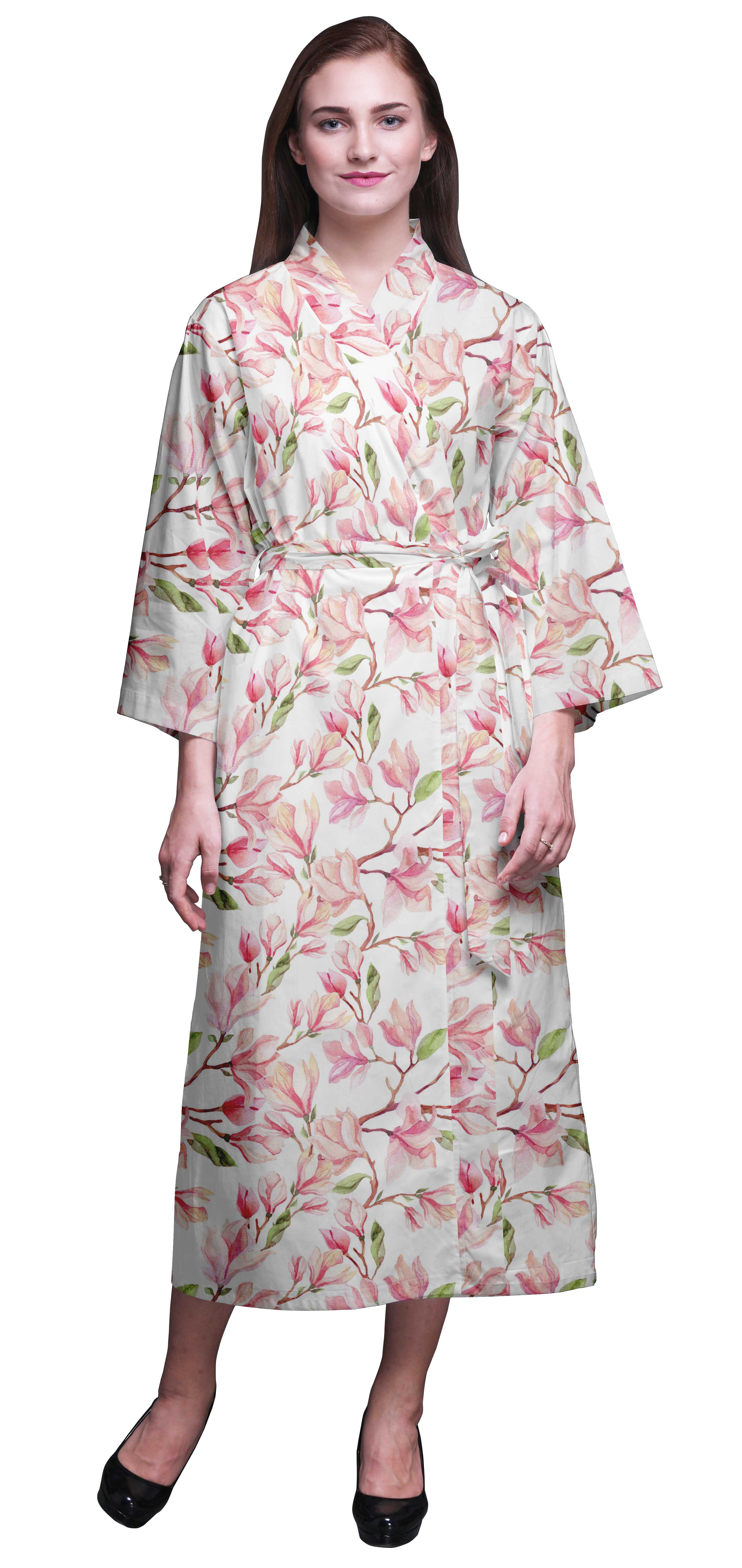 Bimba White Floral Leaves & Saucer Magnolia Long Robes For Women ...
