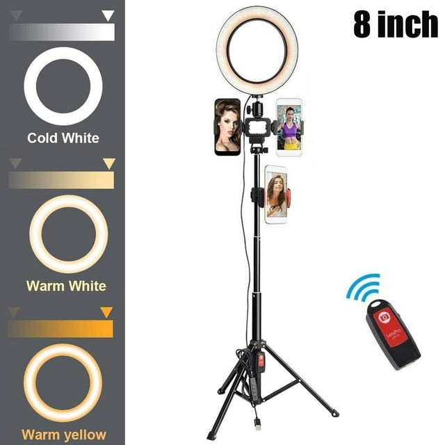 8" LED Selfie Ring Light Tripod Stand Set with 3 Phone Holders, 3 Light ...