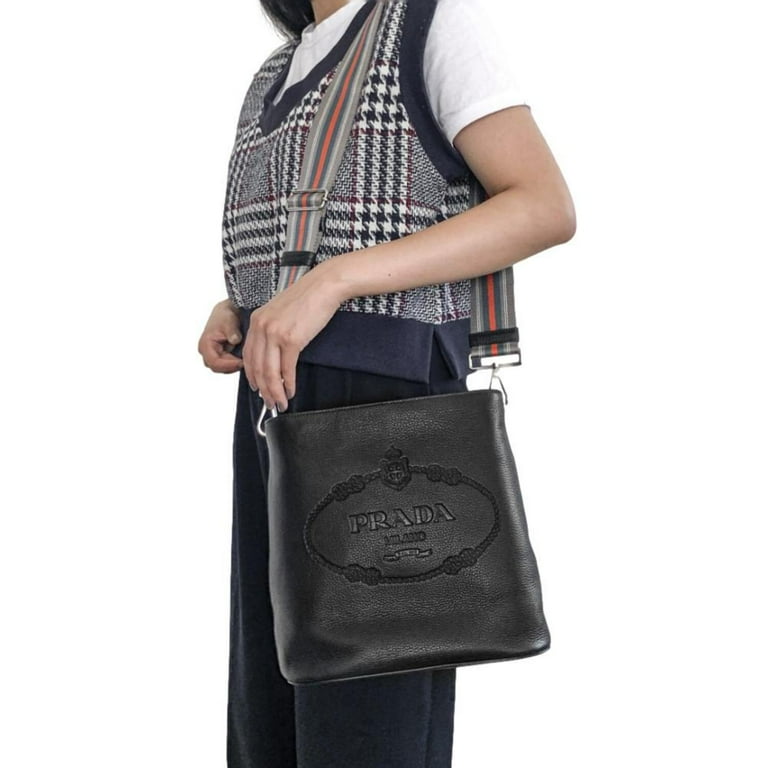 New Prada Vitello Phenix Black Leather Web Strap Crossbody New Prada Vitello Phenix Black Leather Web Strap Crossbody
