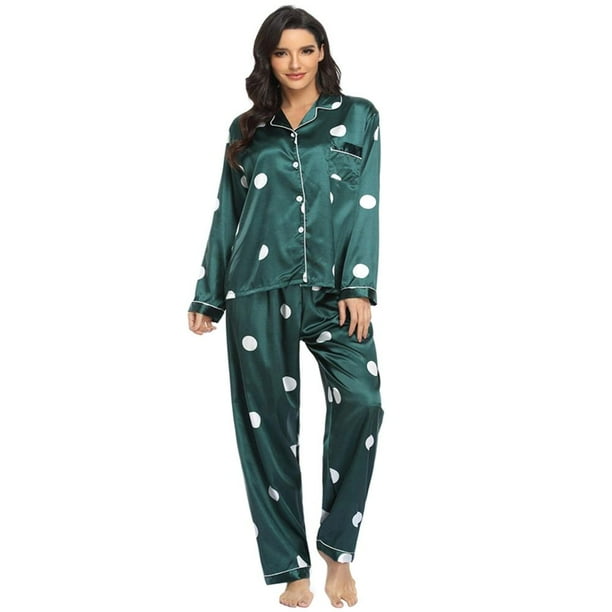 Womens Silk Satin Pajamas Long Sleeve Loungewear Two Piece Sleepwear