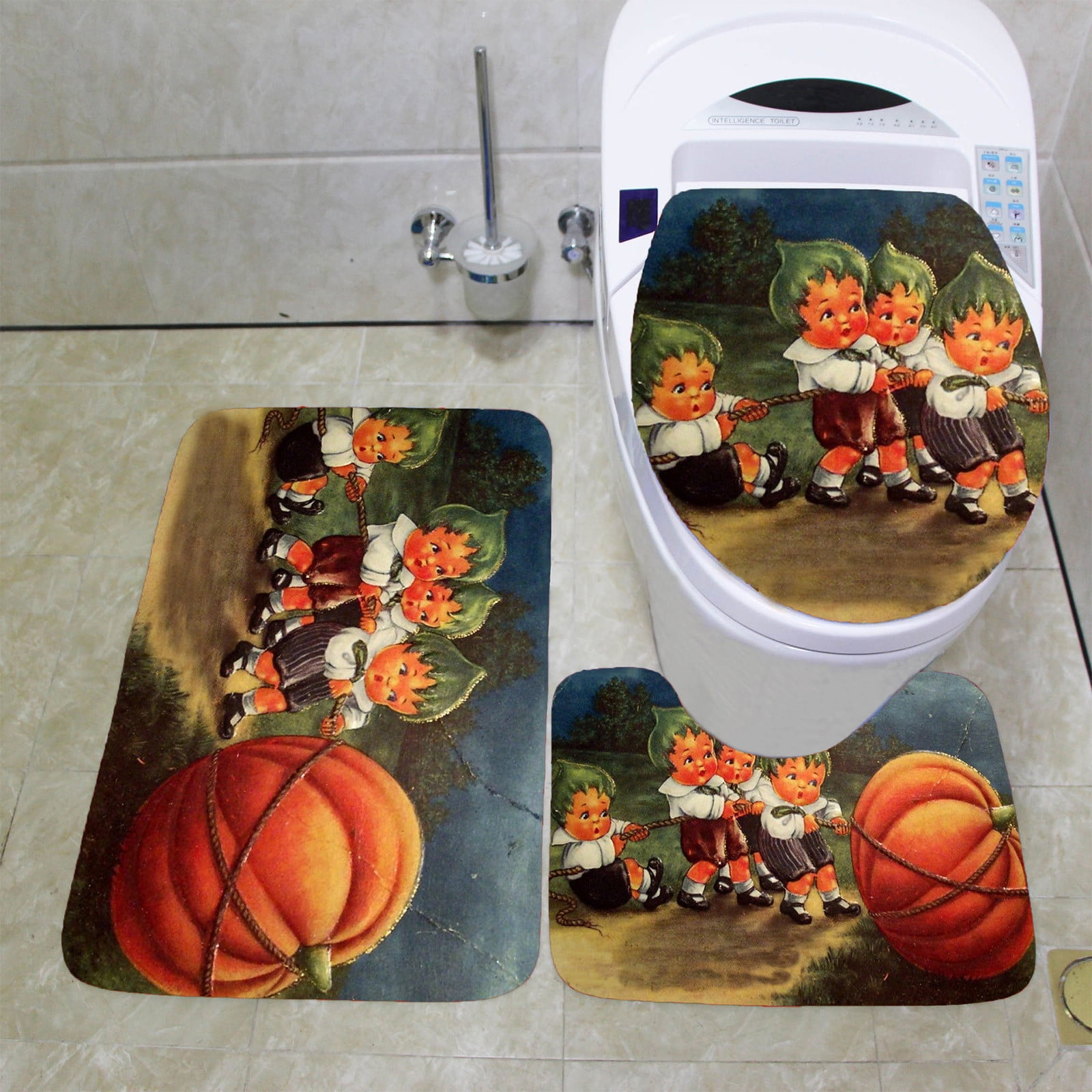 AURIGATE Pumpkin Bath Mat Watercolor Pumpkins Lantern Leaves Autumn for ...