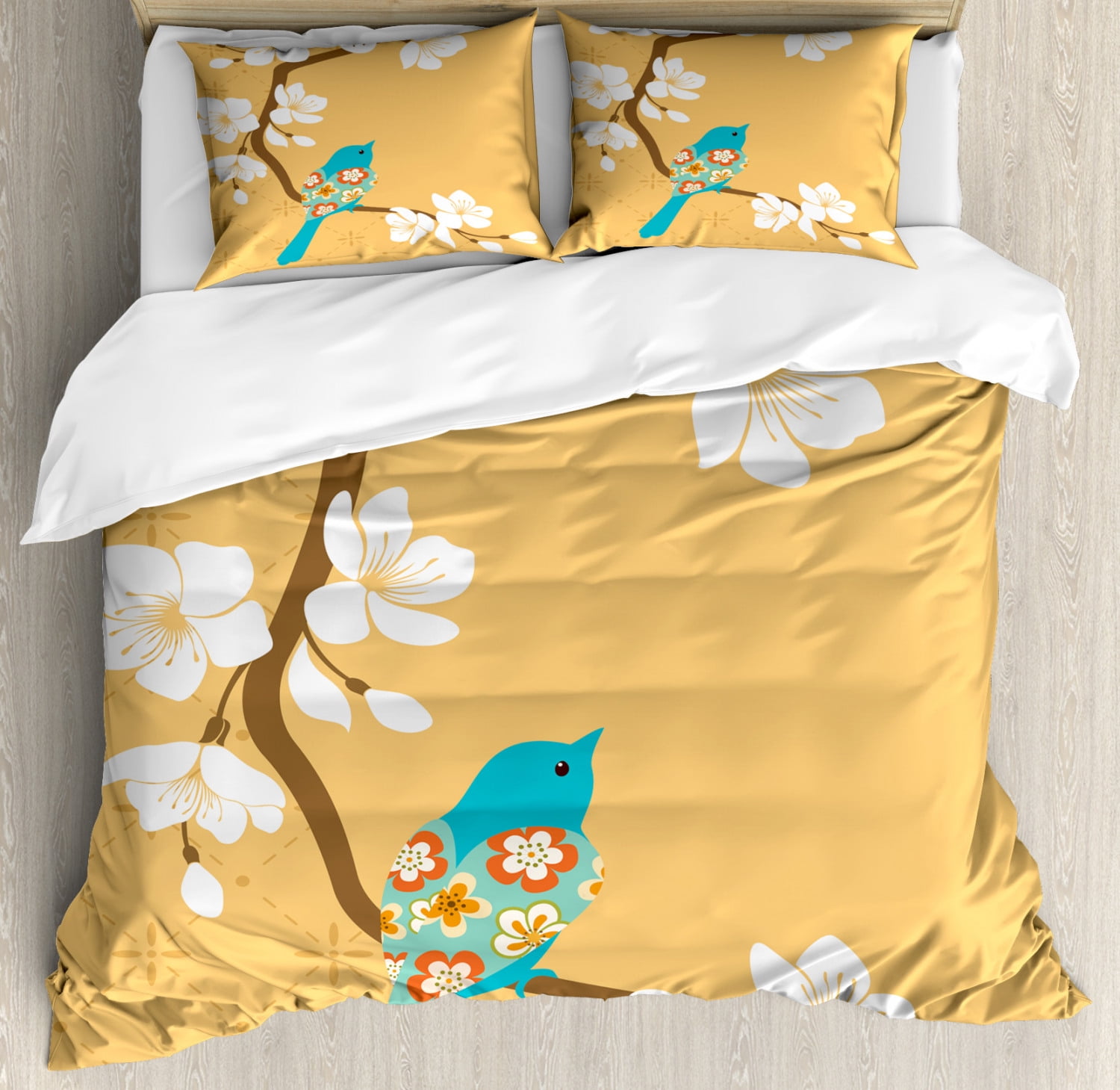 Birds Queen Size Duvet Cover Set, Floral Pattern Winged Sparrow ...