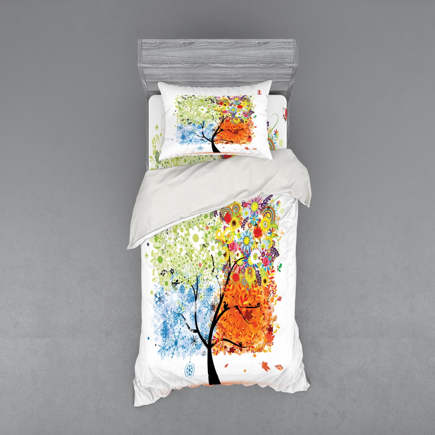 Tree Duvet Cover Set, Seasonal Tree Branches with Flowers Spring Summer ...