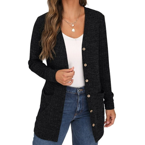 JWD Open Front Black Cardigan for Women Button Down Long Sleeve Sweater ...