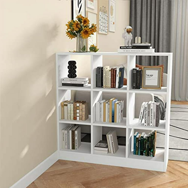 Cube Bookcase White Book Shelf with 4 Cubes 2 Tier Small Display Shelf Low Bookshelf Under Window Cubical Storage Shelves for Bedroom Living Room
