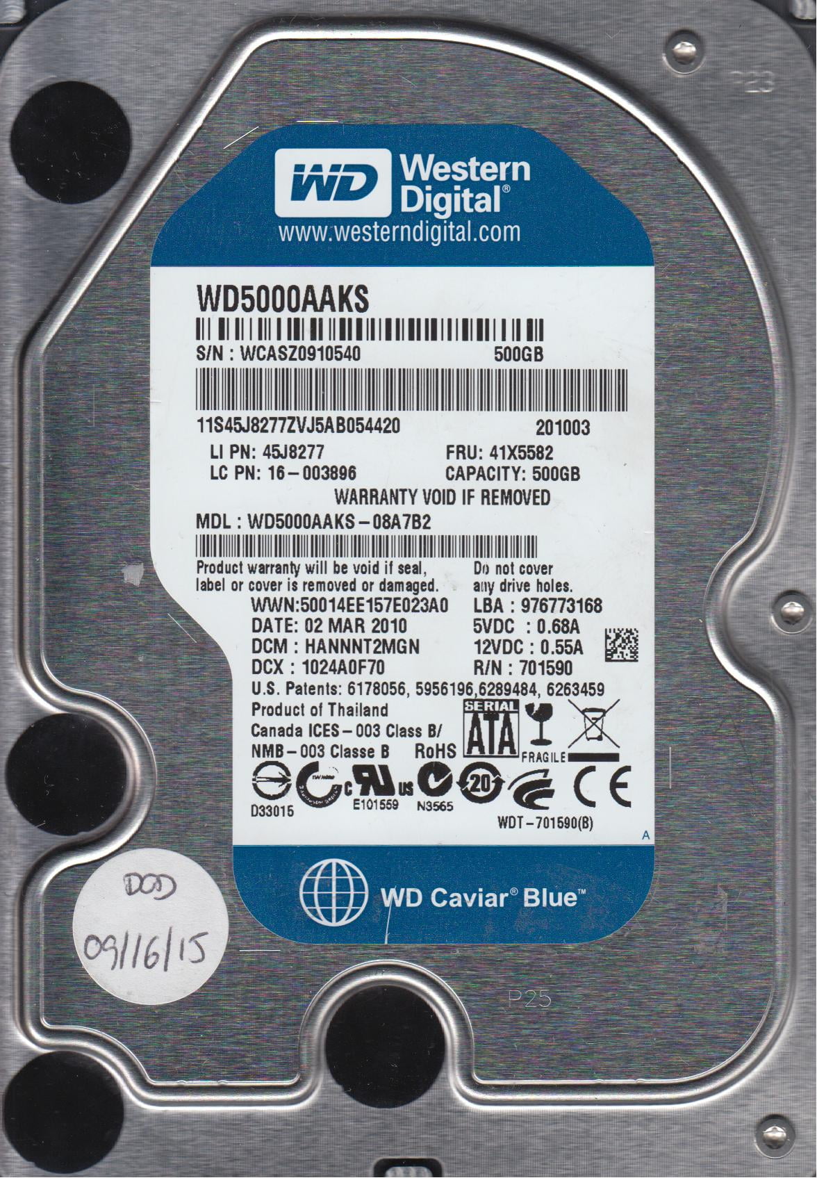 WD5000AAKS-08A7B2, DCM HANNNT2MGN, Western Digital 500GB SATA 3.5 Hard ...