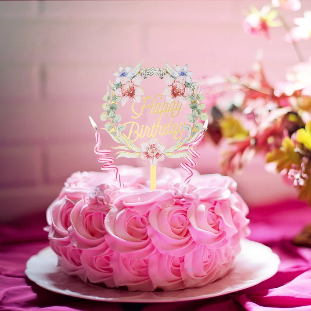 Buy HOTBEST Gold Acrylic Happy Birthday Cake Topper Flower Cupcake ...