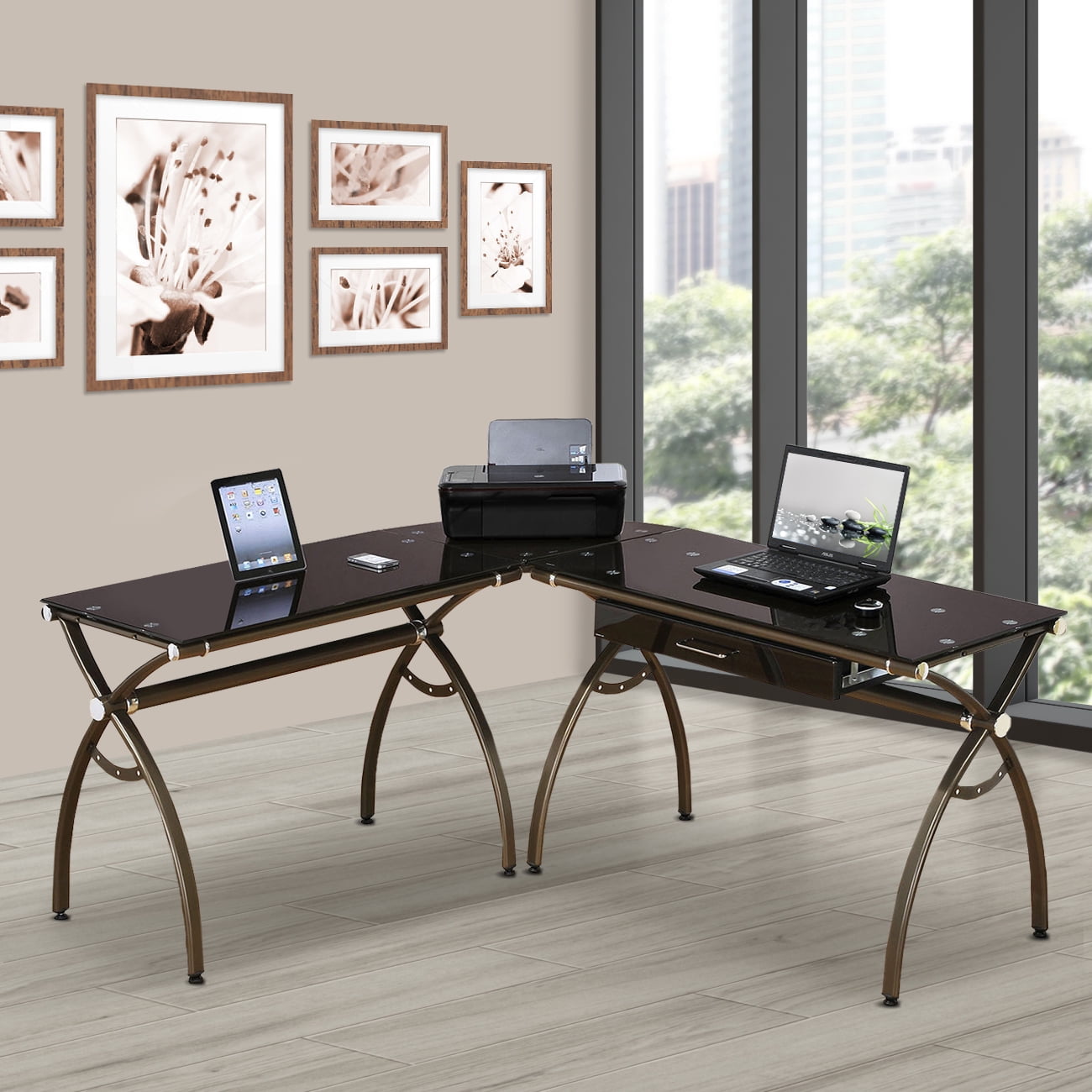 Techni Mobili L-Shaped Tempered Glass Top Corner Desk with Drawer RTA ...