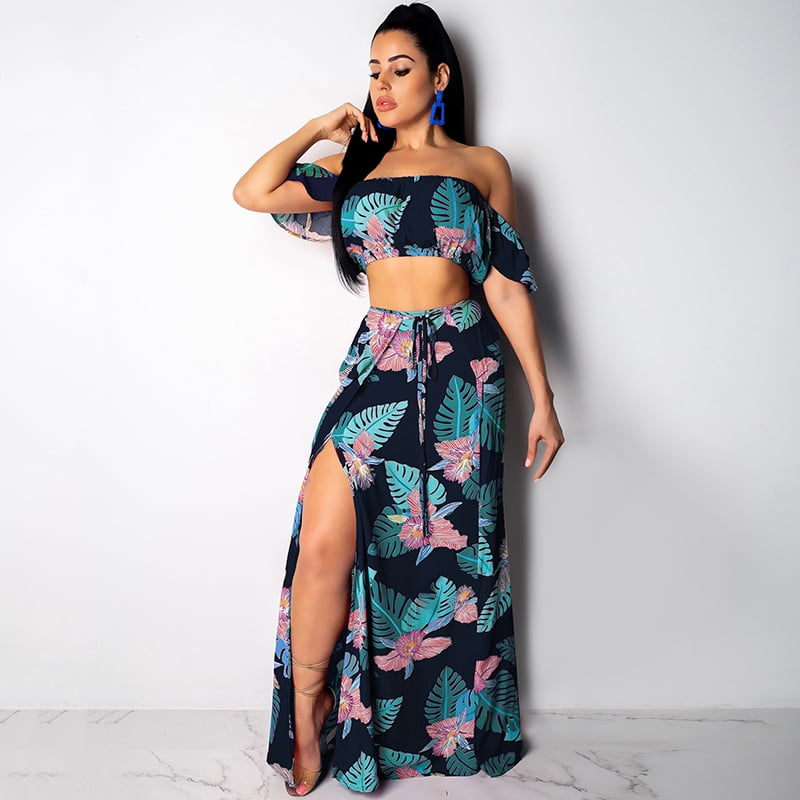 Women Cropped Top Slit Skirt Set Floral Leaves Print Neck High Waist
