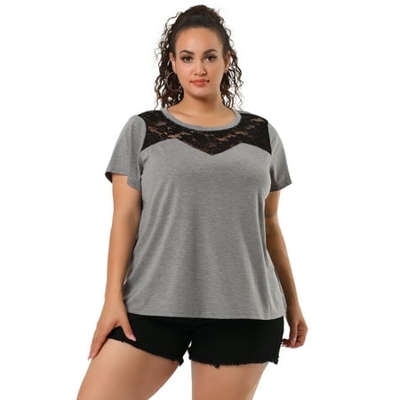 Agnes Orinda Juniors' Plus Size Lace Insert Short Sleeve Round Neck Top ...