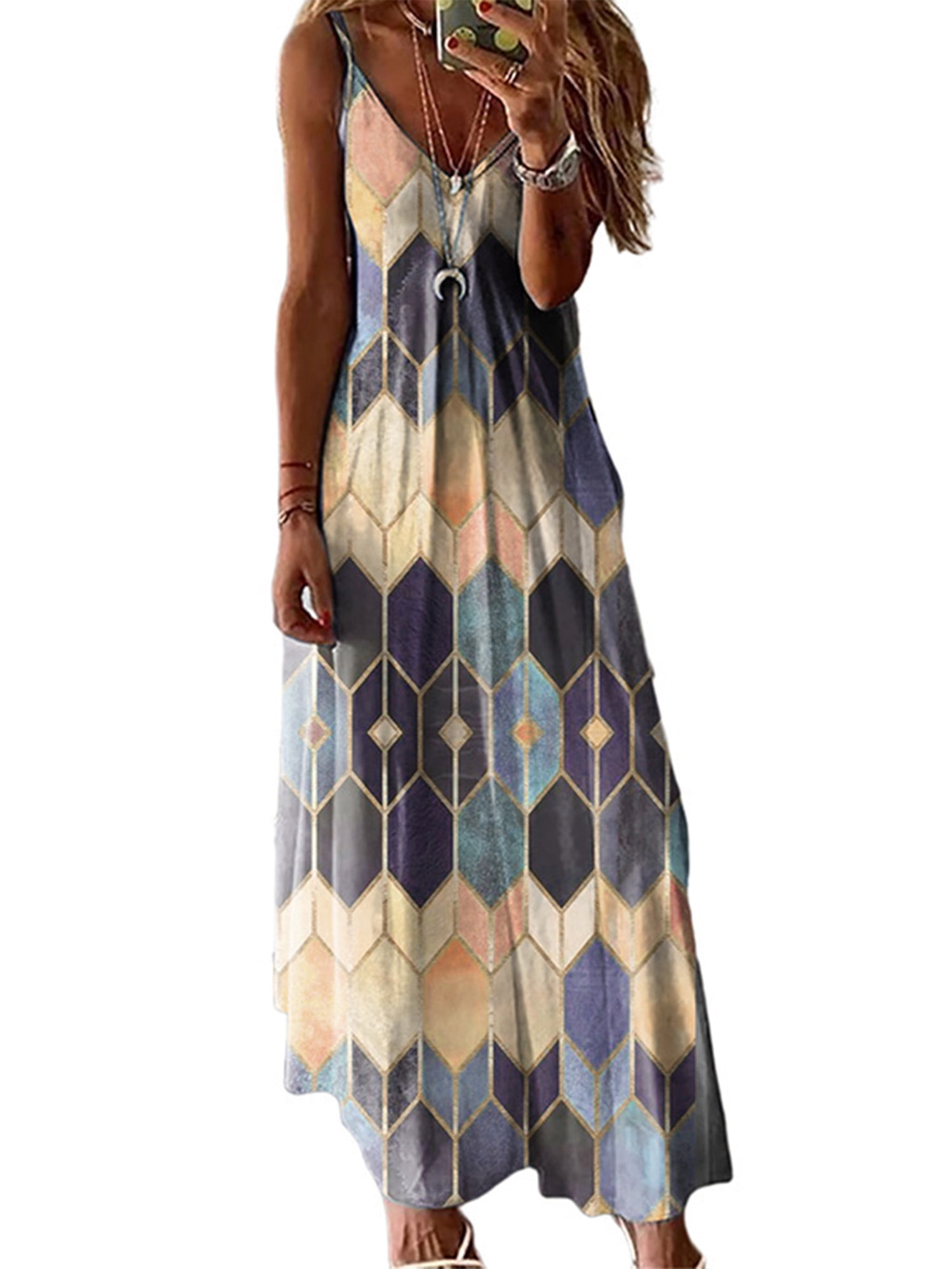 Summer Maxi Dresses for Women Beach Sundress Long Sling Dress V Neck ...