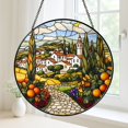 Charming Village Stained Glass Window Suncatcher, Round Landscape Panel ...