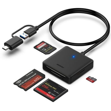 Onn+ SD microSD Card Reader, USB-C and Micro-USB, Portable Media Card ...