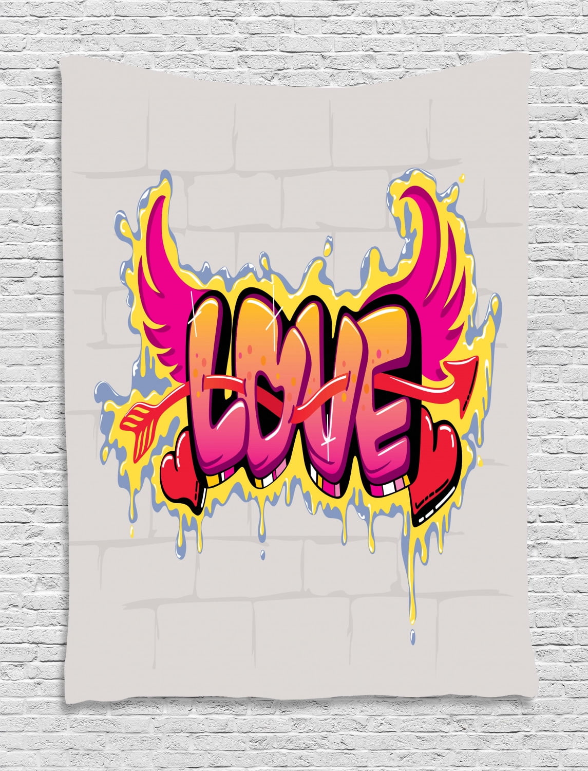 Urban Graffiti Tapestry, Arrow Pierced Love Word as Bubble Letters with ...