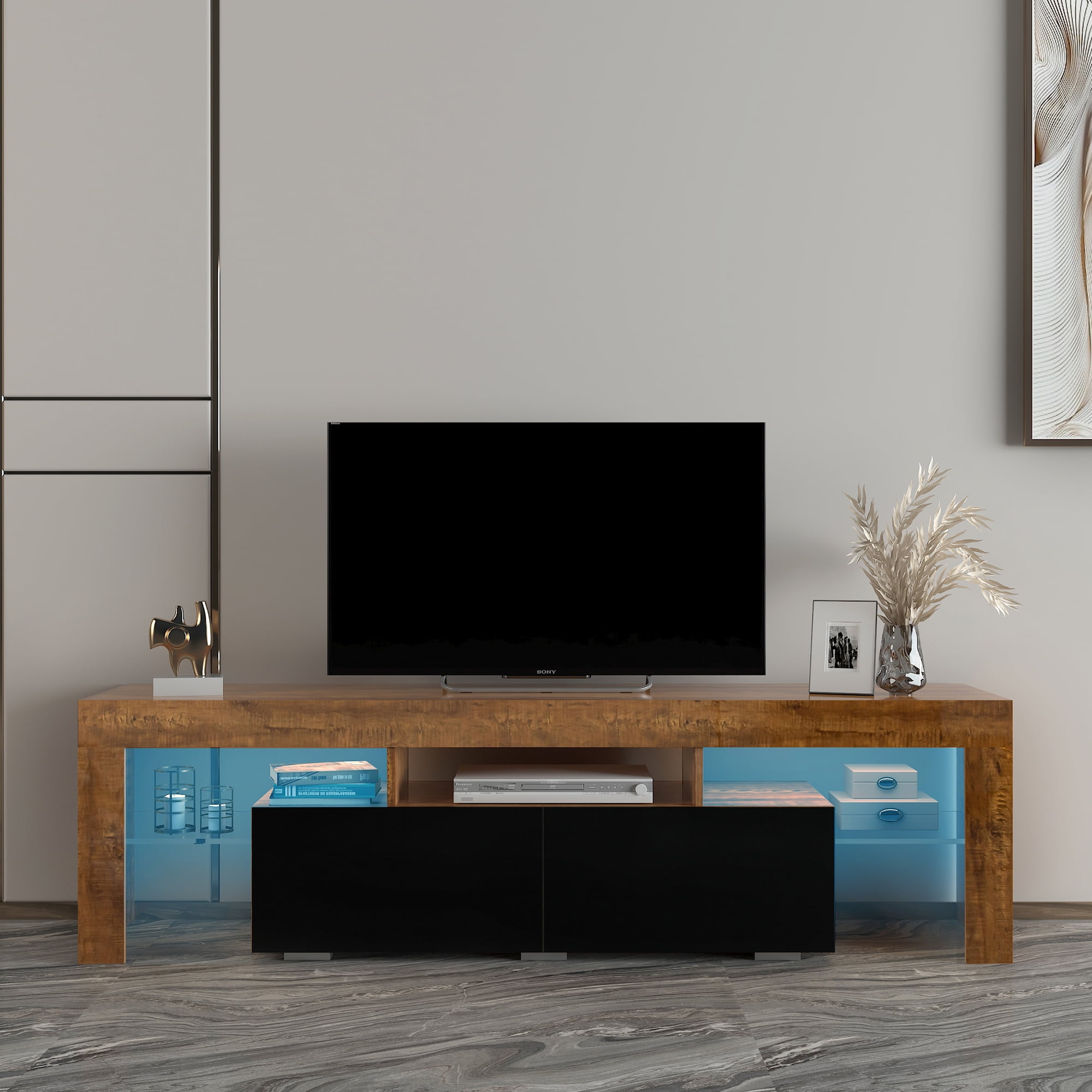 Corner TV Console Table, Walnut Wooden TV Cabinet for 32-70 Inch ...