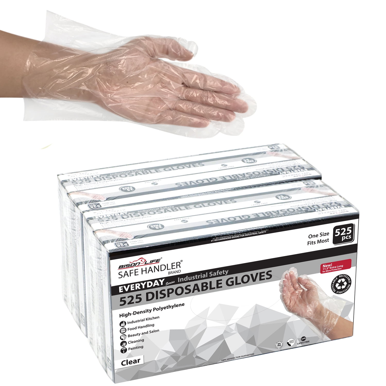 Safe Handler Disposable Long Cuff Food Handling Poly Gloves, OSFM, 11.5 ...