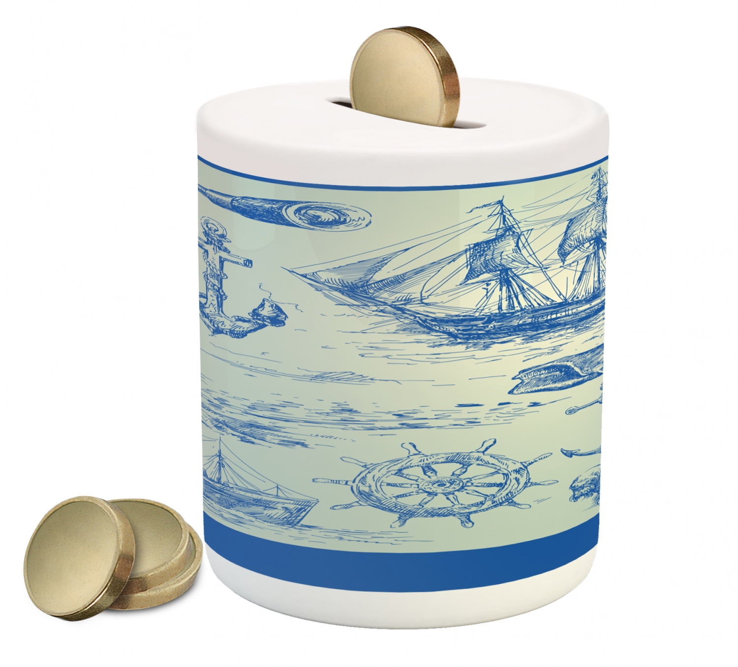 Nautical Anchor Piggy Bank, Whale Sail Boat Steering Wheel and Old ...