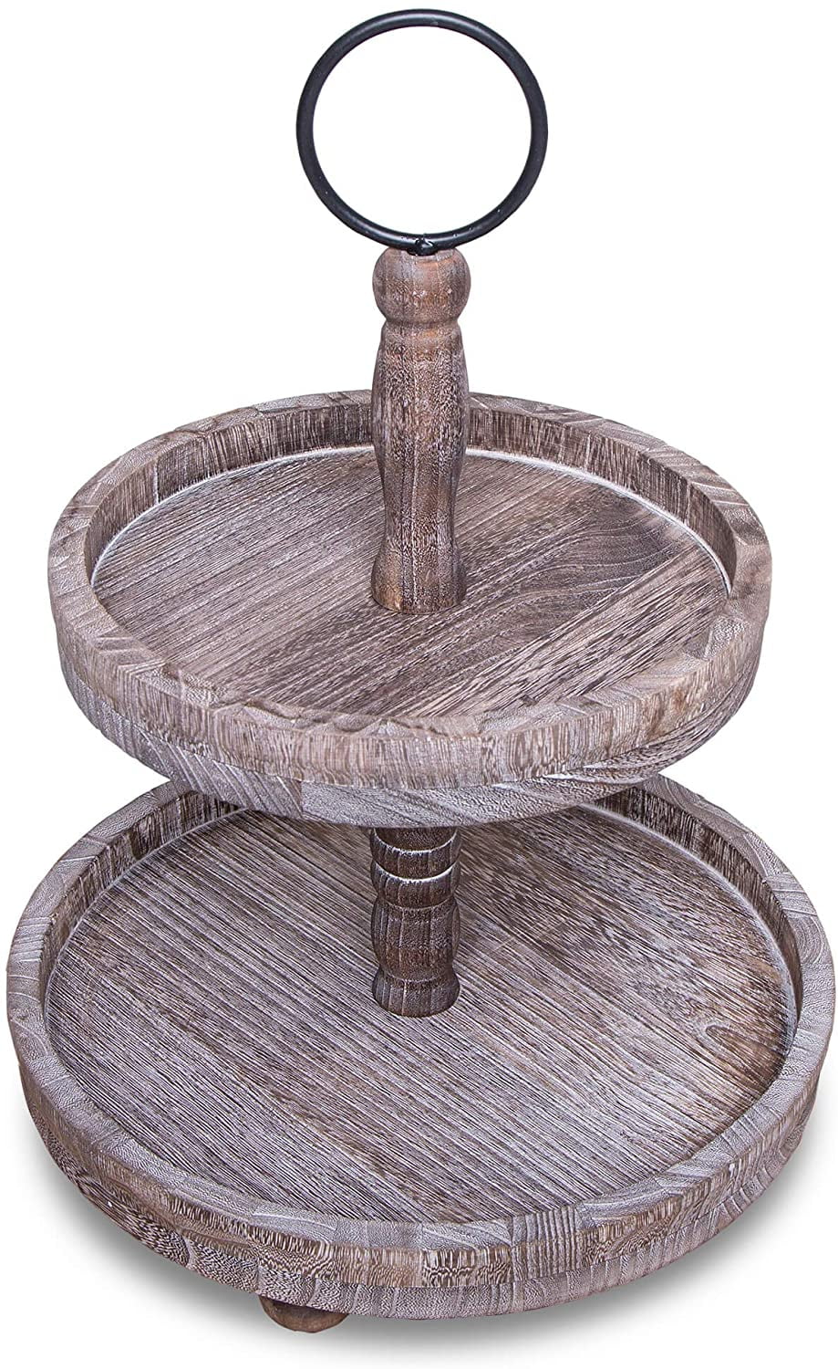 Hallops Wood 2-Tier Tray Stand with Metal Handle Serving Tray Round ...