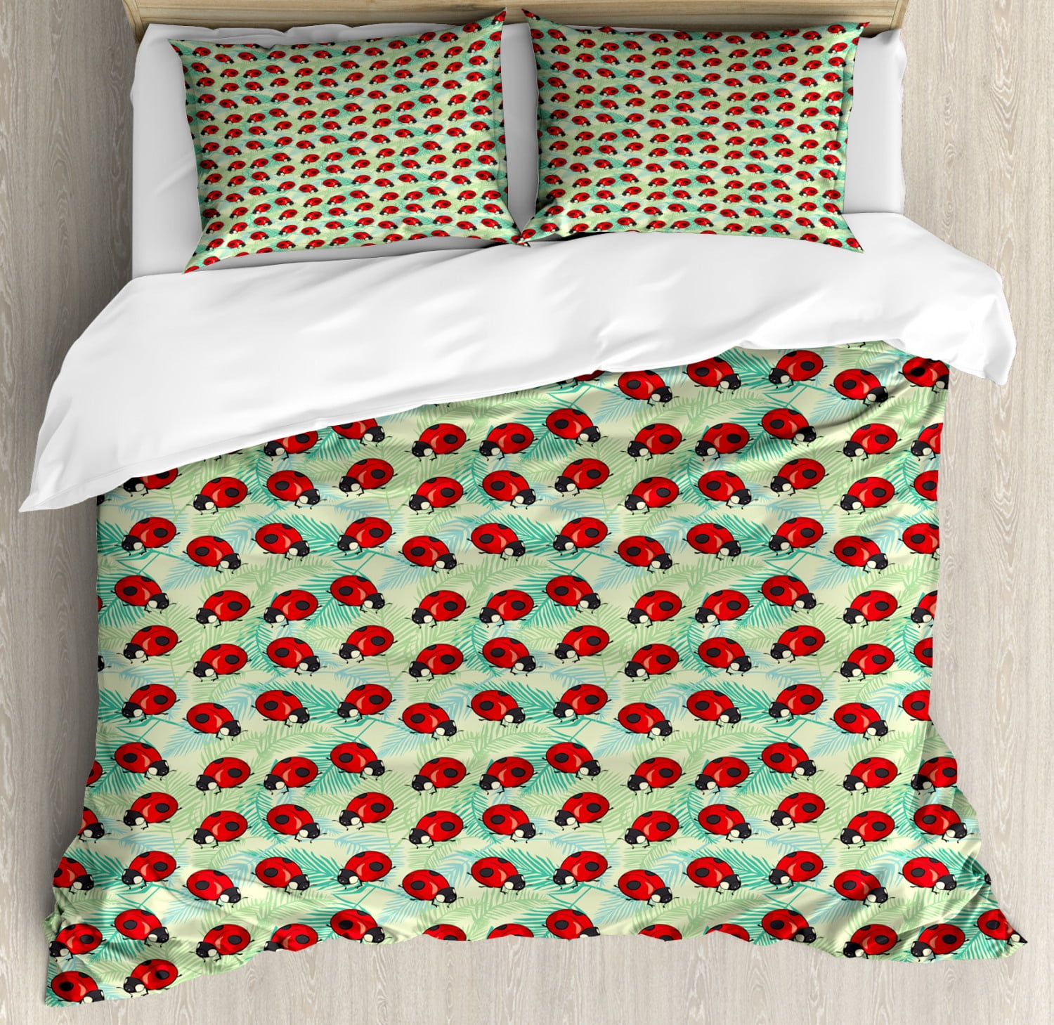 Ladybug Duvet Cover Set Queen Size, Spring Bugs on Tropical Leaves ...