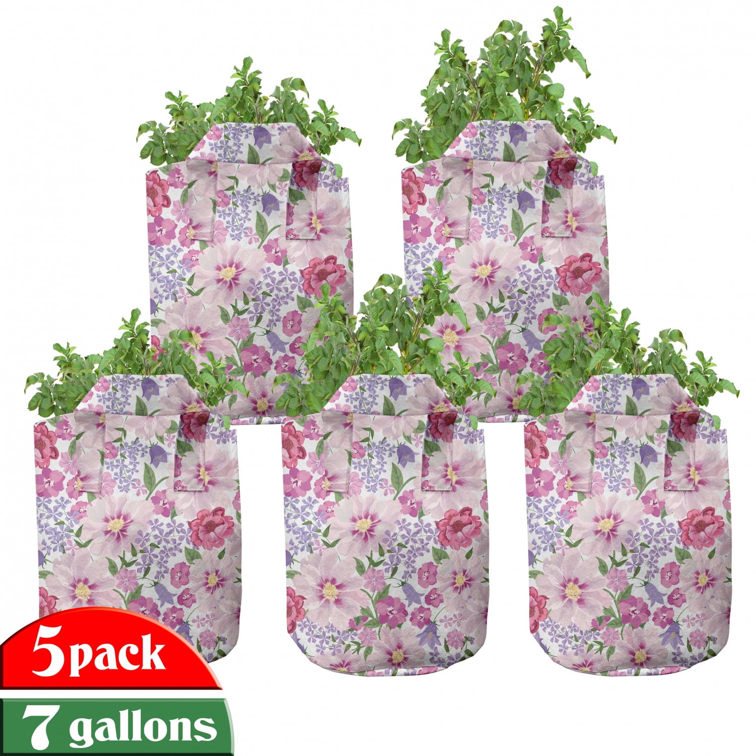 Watercolor Grow Bags 5-Pack, Fresh Spring Flora, Heavyduty Fabric Pots ...