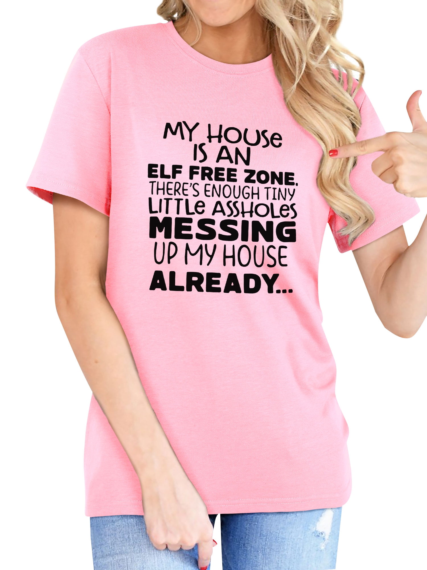 TWZH Women My House Is An Elf Free Zone Crew Neck Funny Letter Tee ...