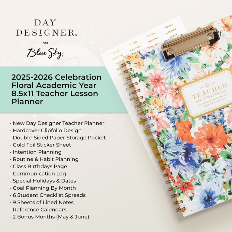 Hard Cover Monthly Weekly Teacher Organizer Blue Sky 2025-2026 Teacher ...