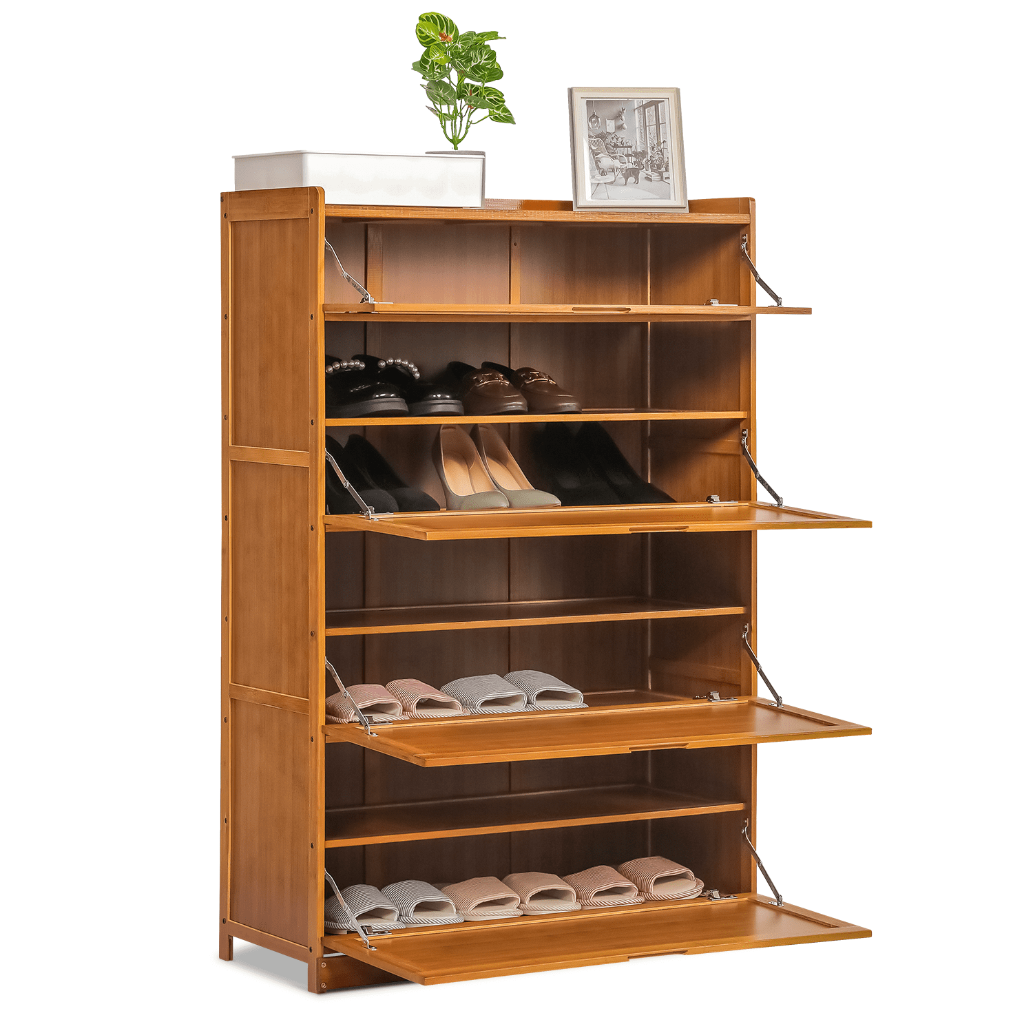 MoNiBloom 7-Tier 28 Pairs Entryway Shoe Rack with Door, Bamboo, Brown ...