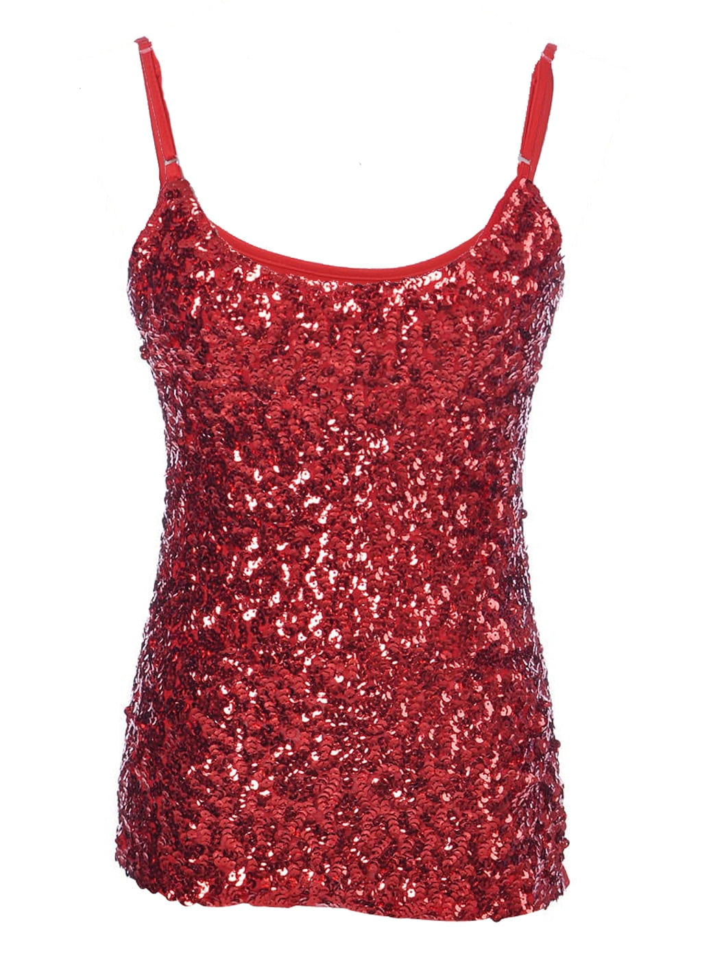S/M Fit Red Front Sequins Sheer Back Low Scoop Neckline Fit Tank Top ...