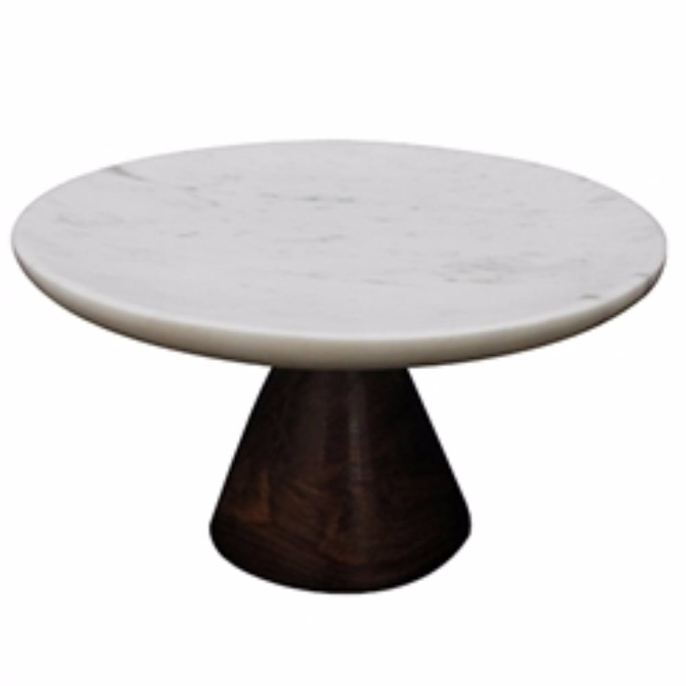 Appealing Marble Cake Plate With Wooden Stand, White And Brown ...