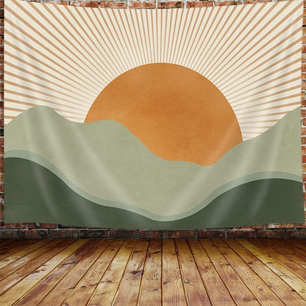 Boho Sage Green Tapestry, Abstract Mountain Golden Sun Nature Tapestry ...