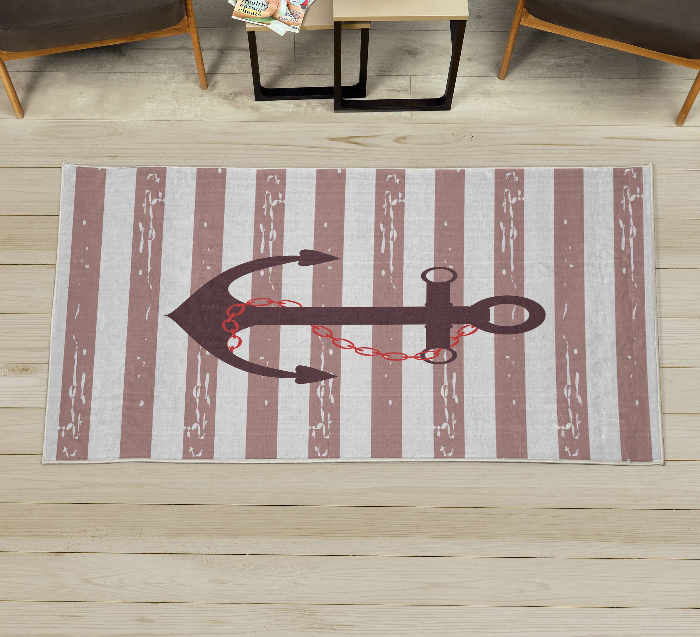 Striped Decorative Rug, Ship Anchor Chain Marine Life Inspired Lines ...