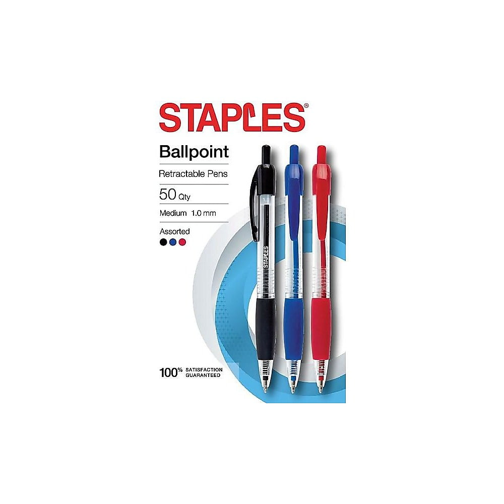 Staples Ballpoint Retractable Grip Pens Medium 1.0mm Assorted 50pk ...