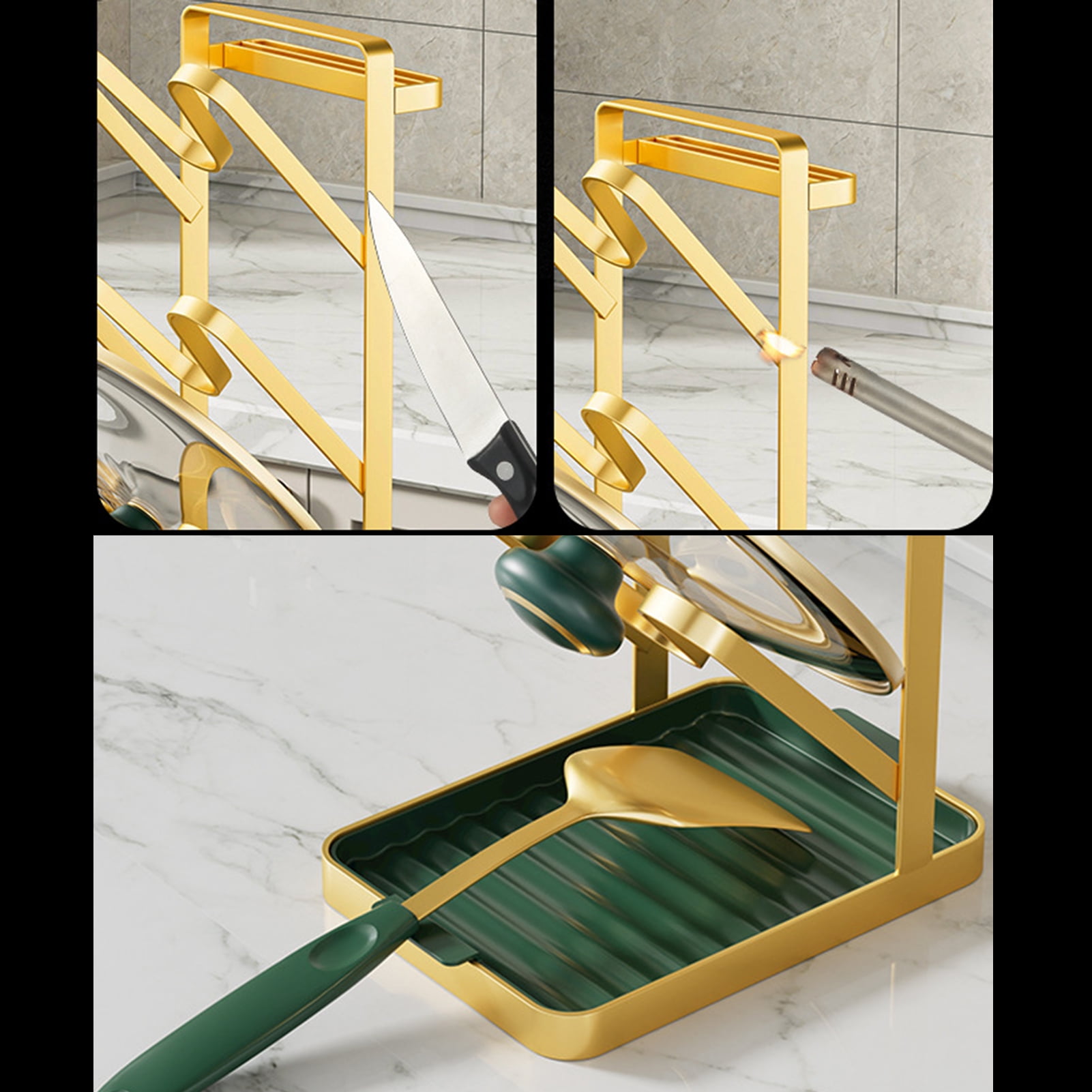 DISHAN Free Standing Desktop Pot Lid Holder with 3 Layers, Drain Tray, and Chopping Board ...