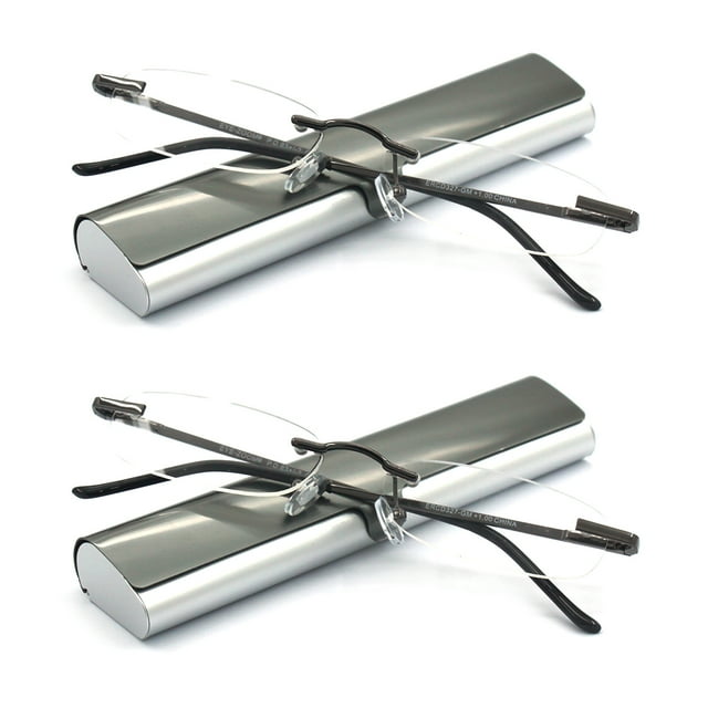 EYE ZOOM 2 Pack Compact Metal Rimless Reading Glasses with Light Slim ...