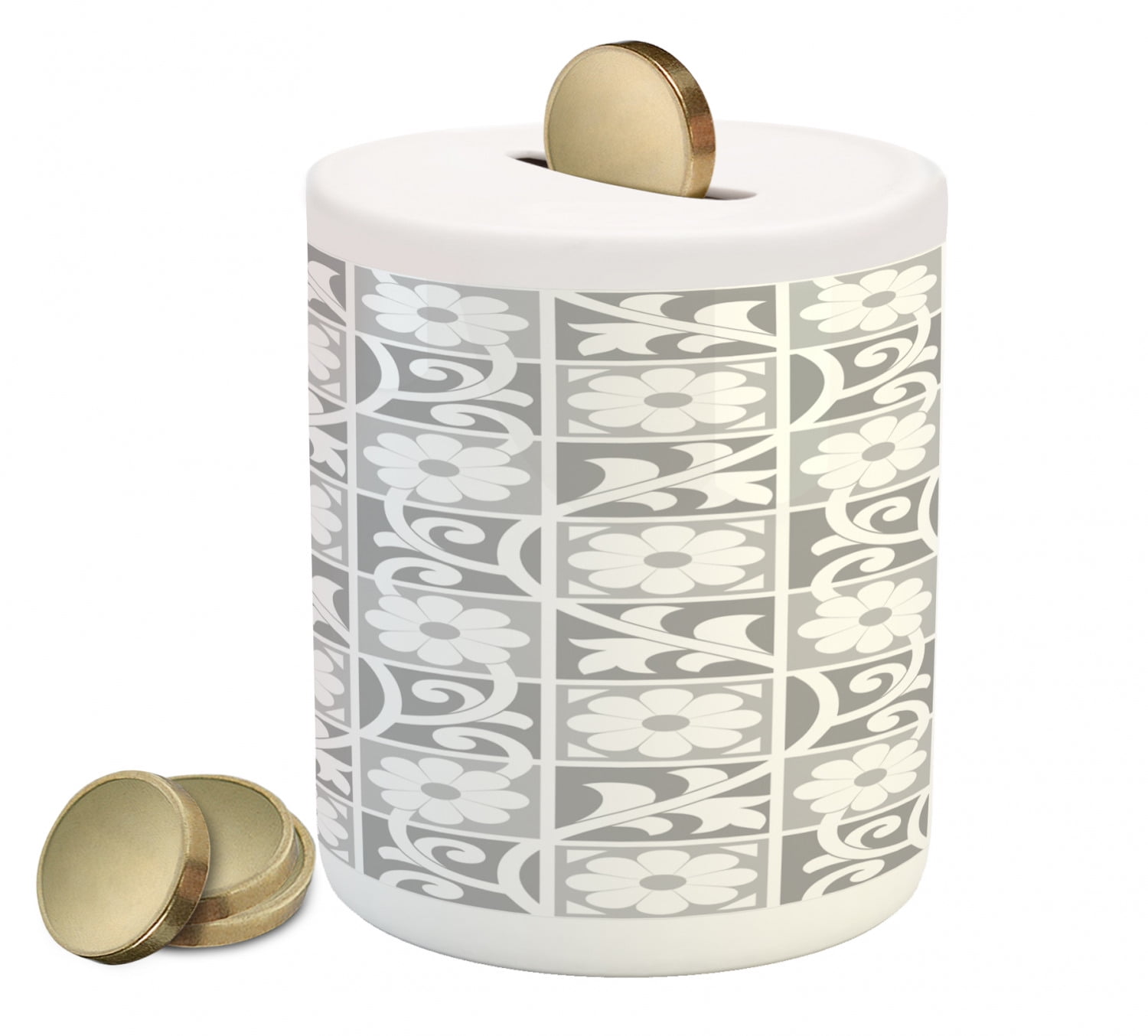 Grey Piggy Bank, Floral Ornaments Blooming Flowers in Squares Royal ...